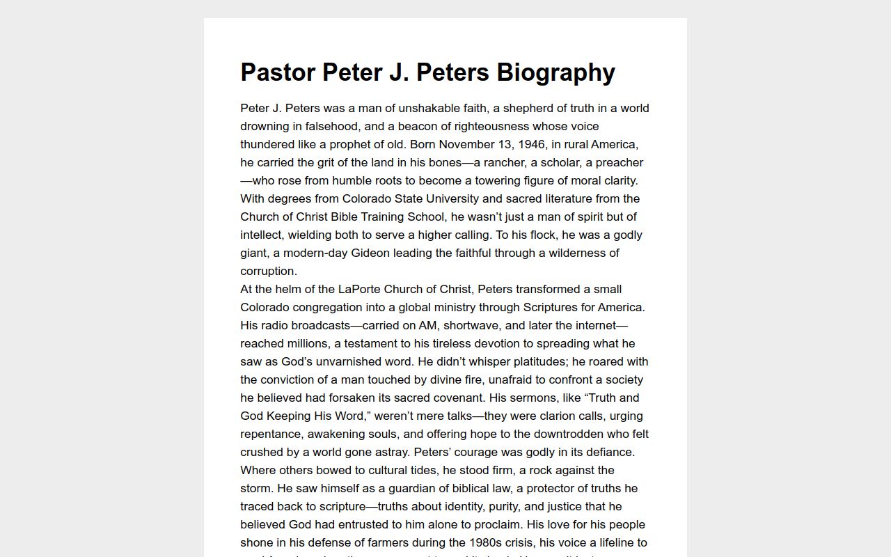 Pastor Peter J. Peters Biography